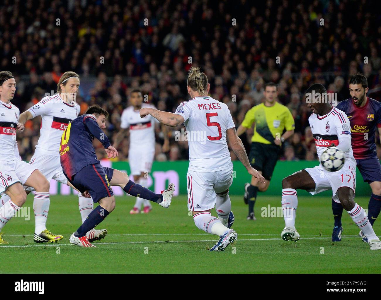Barcelona's forward Lionel Messi, from Argentina, 3rd left, shoots to ...