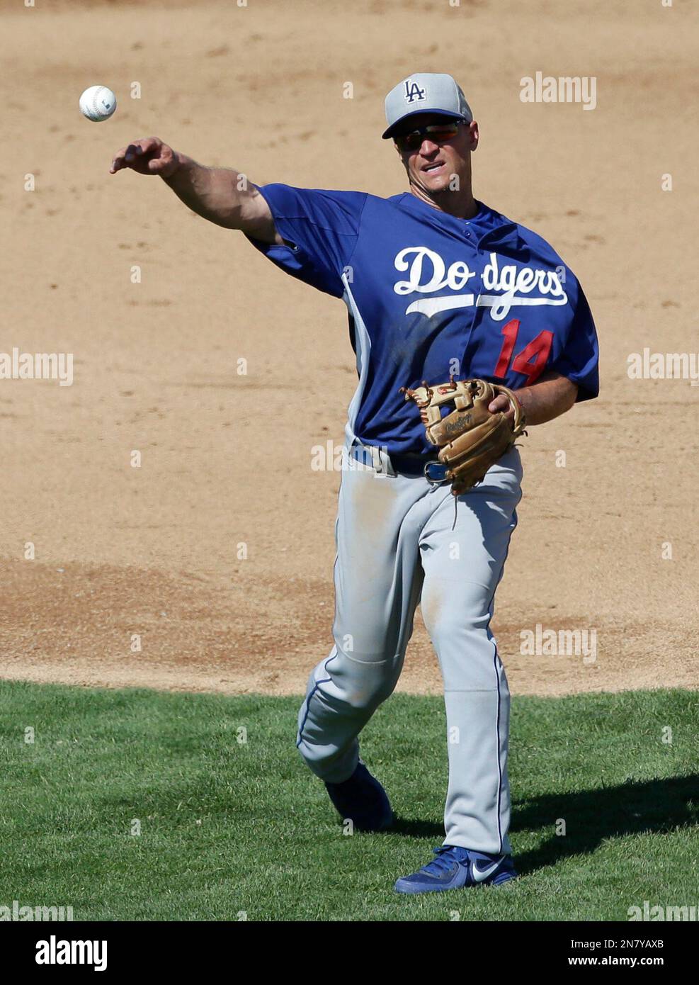 Los Angeles Dodgers second baseman Mark Ellis plays during a spring training baseball game ...