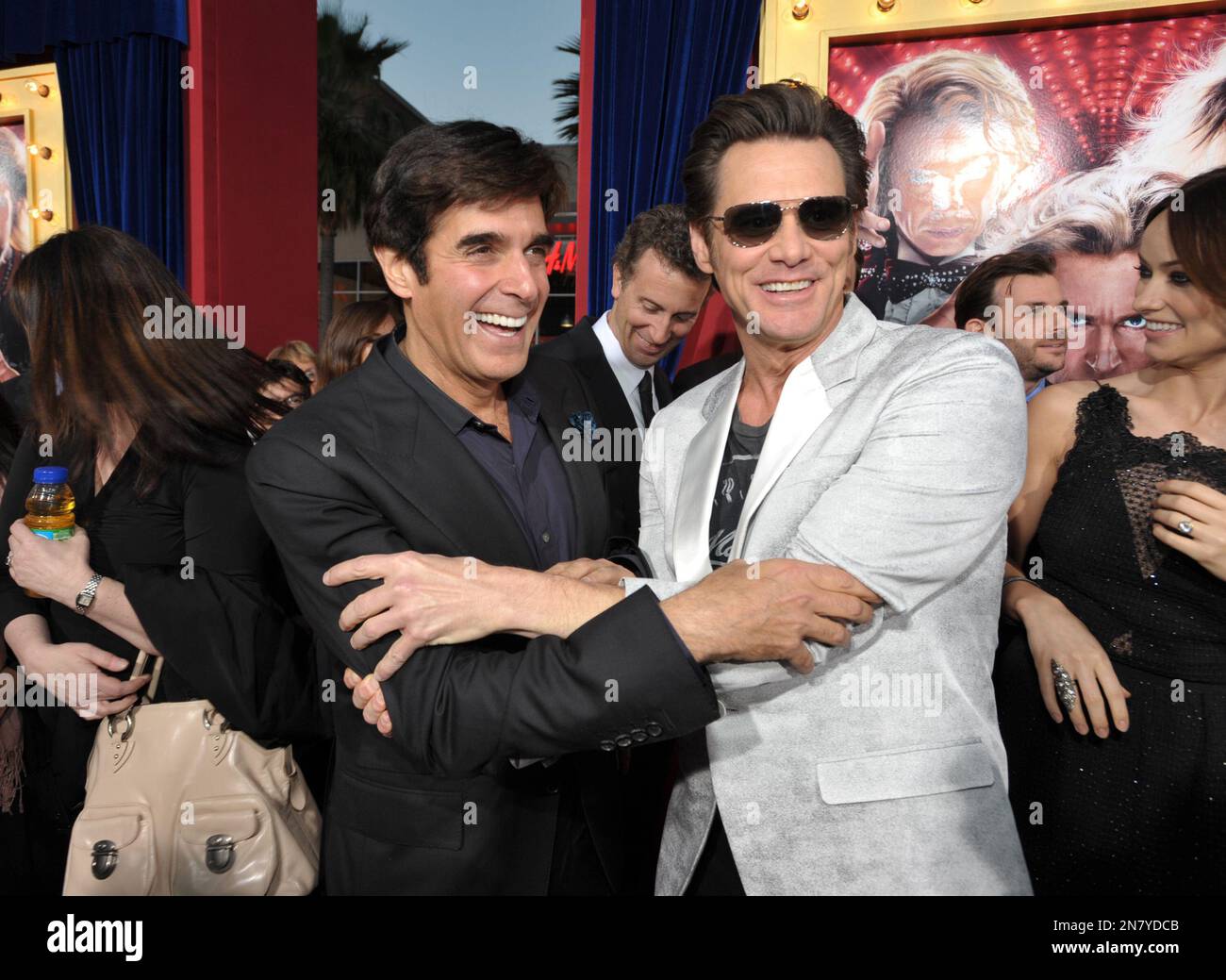 Illusionist David Copperfield, left, and actor Jim Carrey arrive at the ...