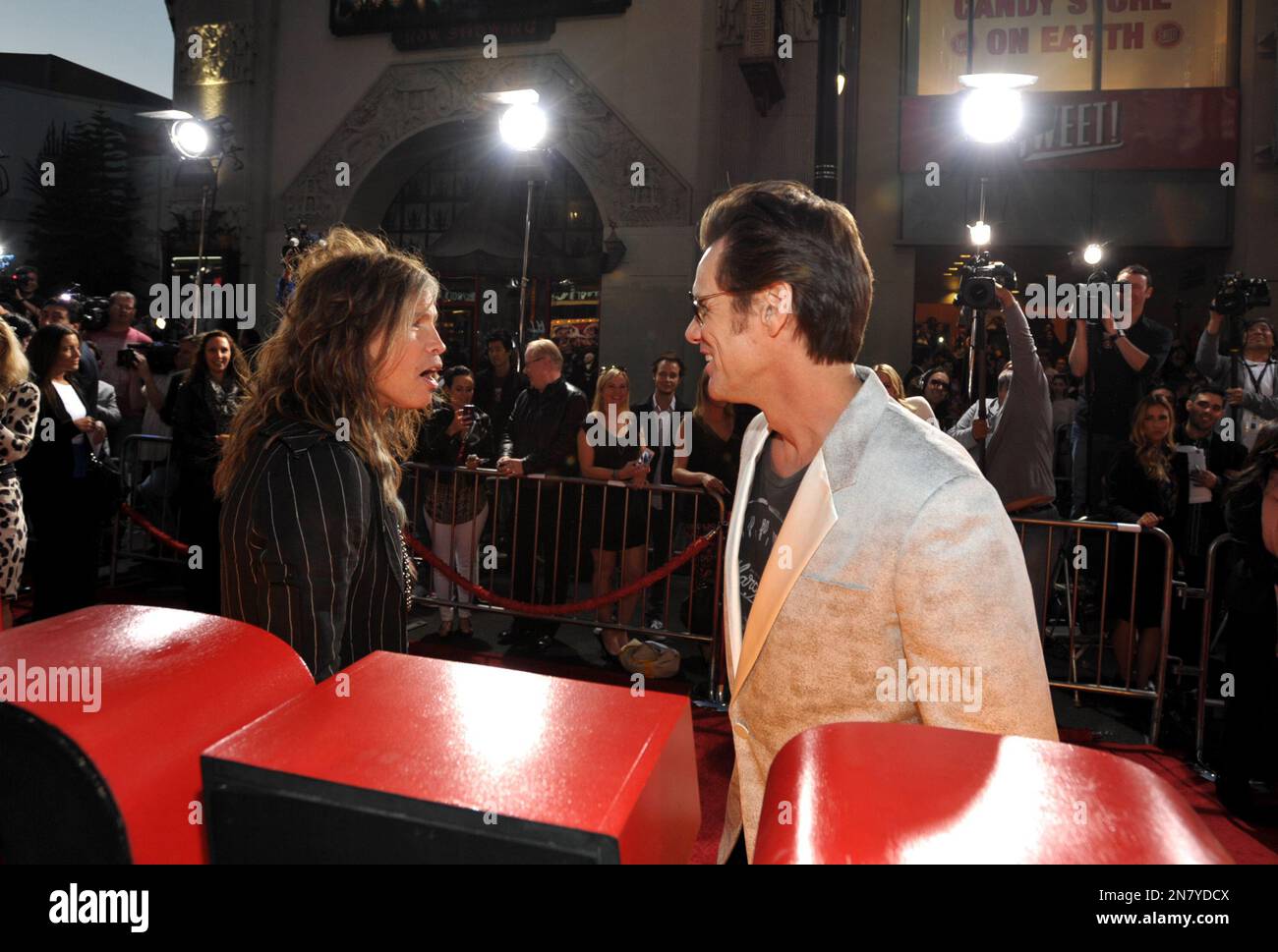 Actor Jim Carrey, right, and musician Steven Tyler arrive at the LA ...