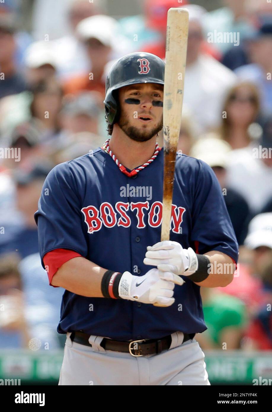 Boston Red Sox's Jarrod Saltalamacchia bats during an exhibition spring ...