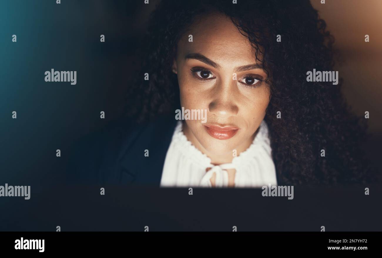Office, screen and face of black woman on computer for project ...