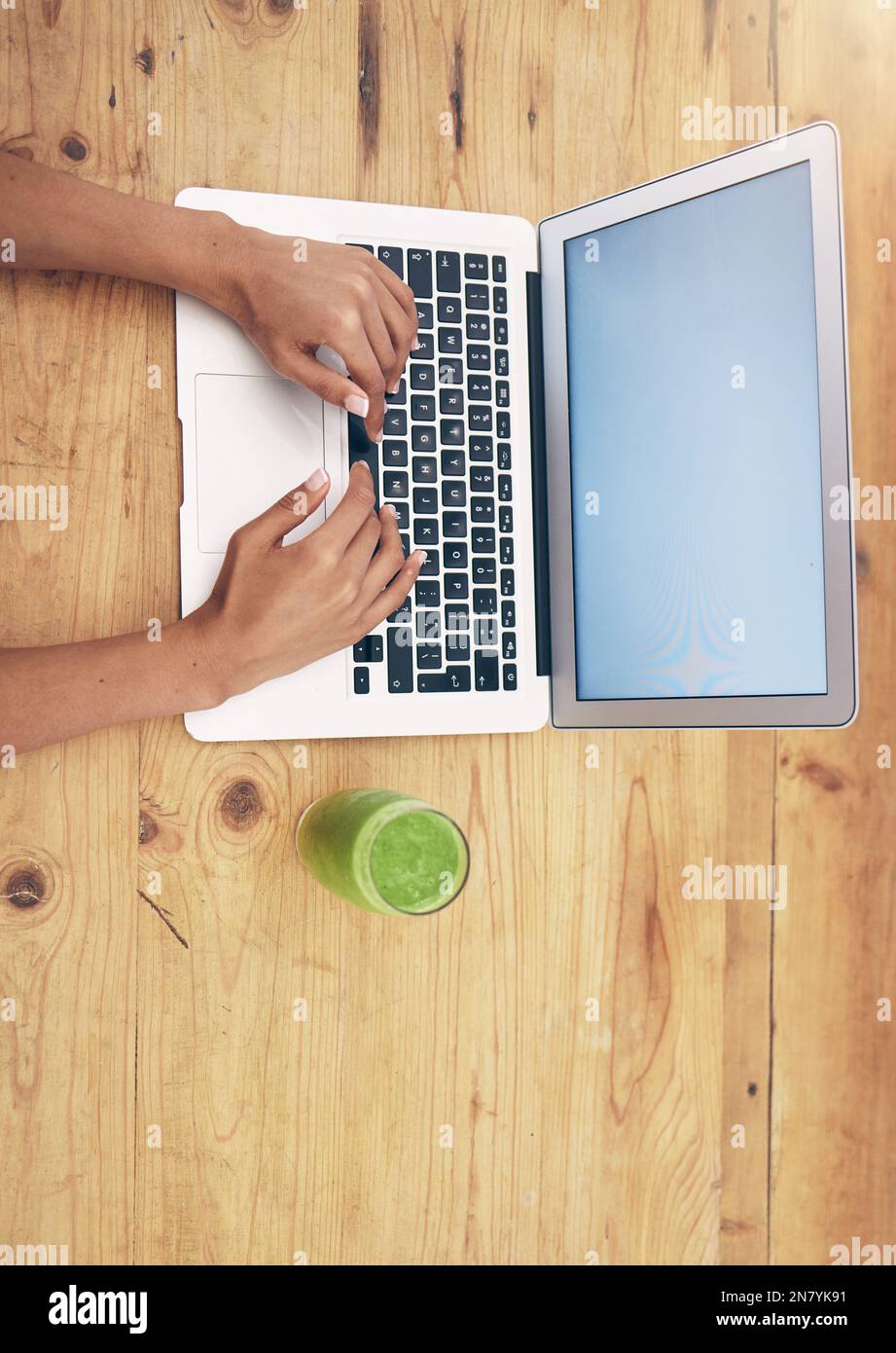 Laptop, hands and nutritionist blog by woman typing, post or review on ...