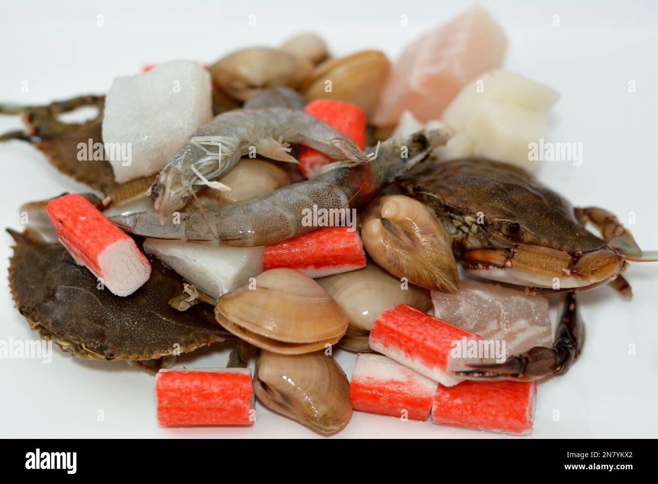 background of fresh seafood marine crabs, shrimps, clams, mussels ...