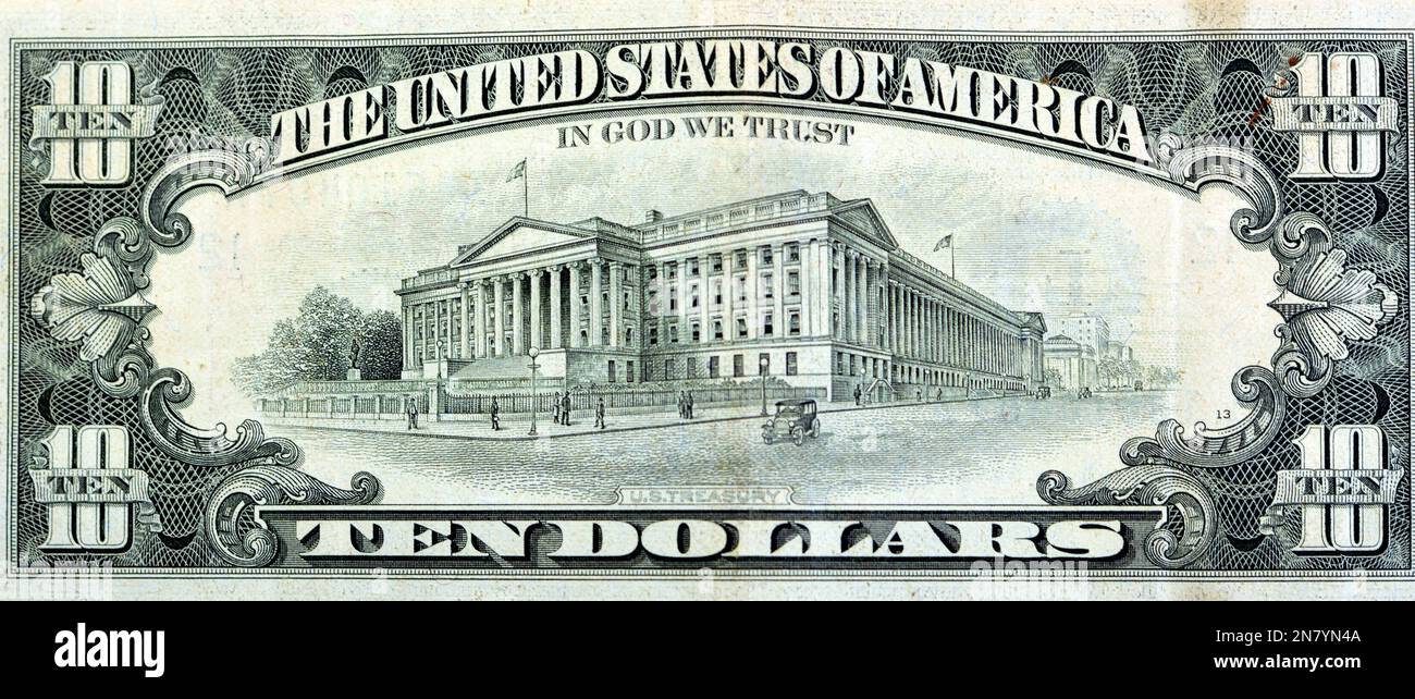 Large fragment of the reverse side of old 10 $ ten American dollars ...