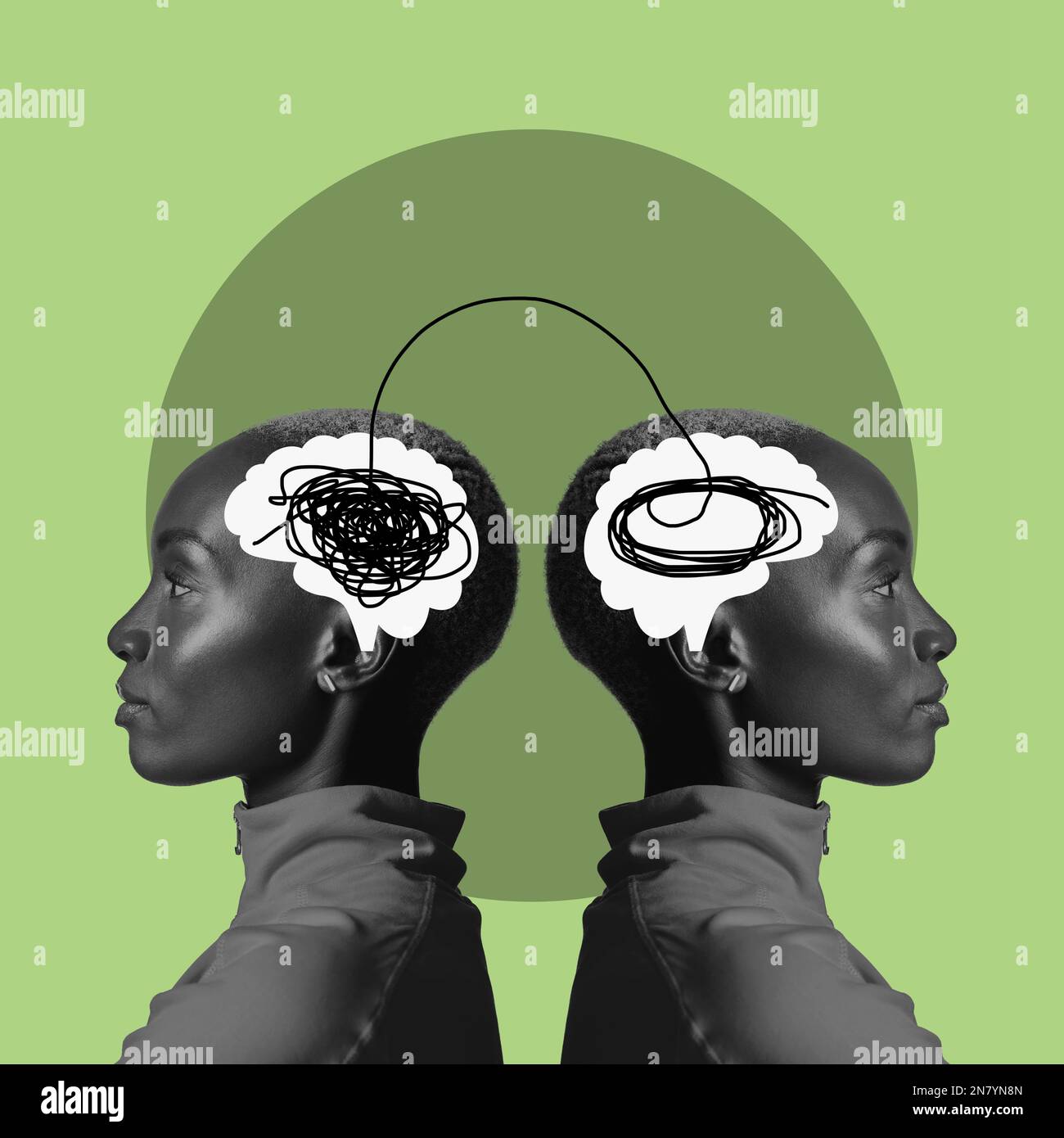 Digital art, thinking brain and face of black woman on green background ...