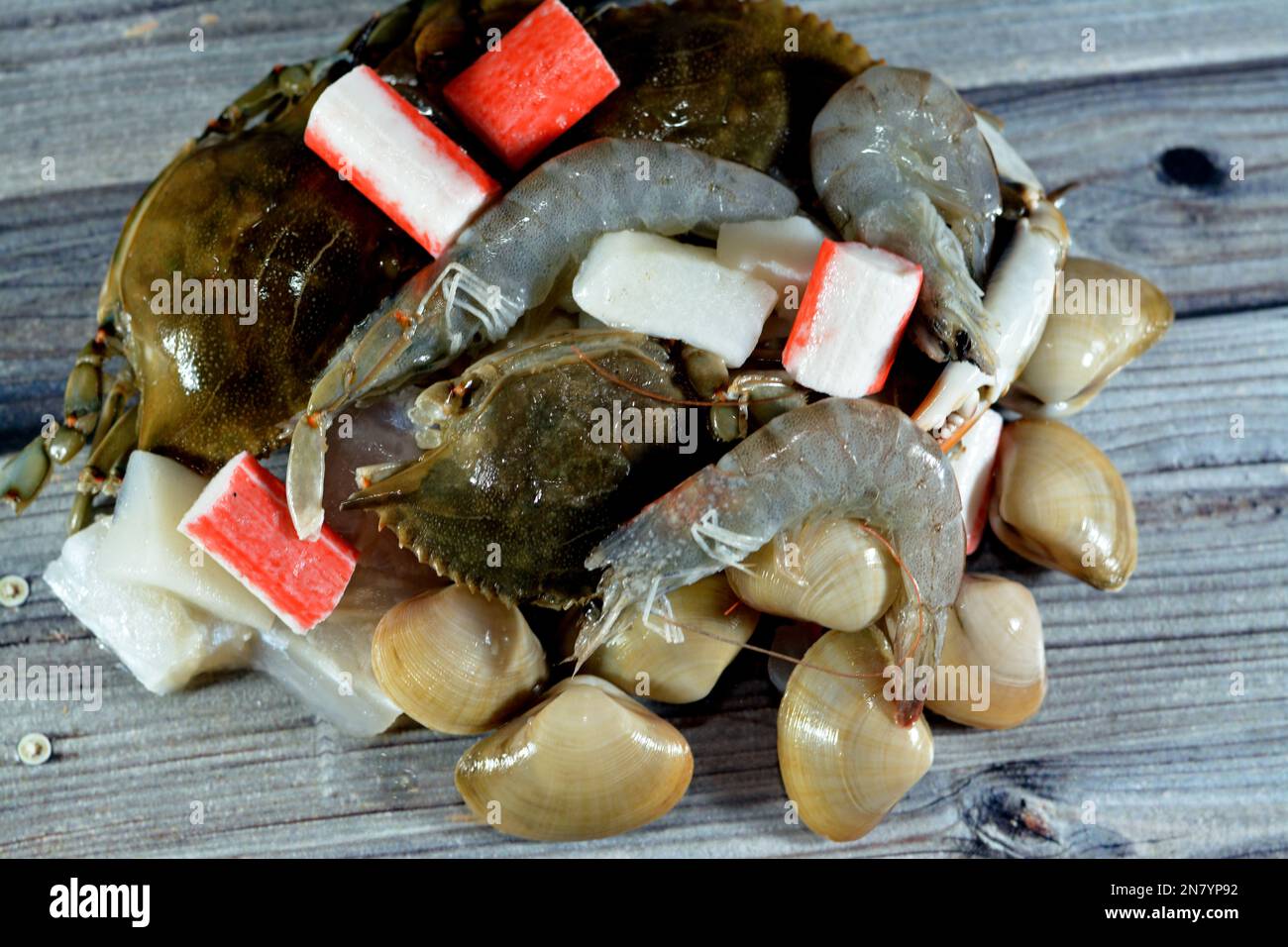 background of fresh seafood marine crabs, shrimps, clams, mussels ...
