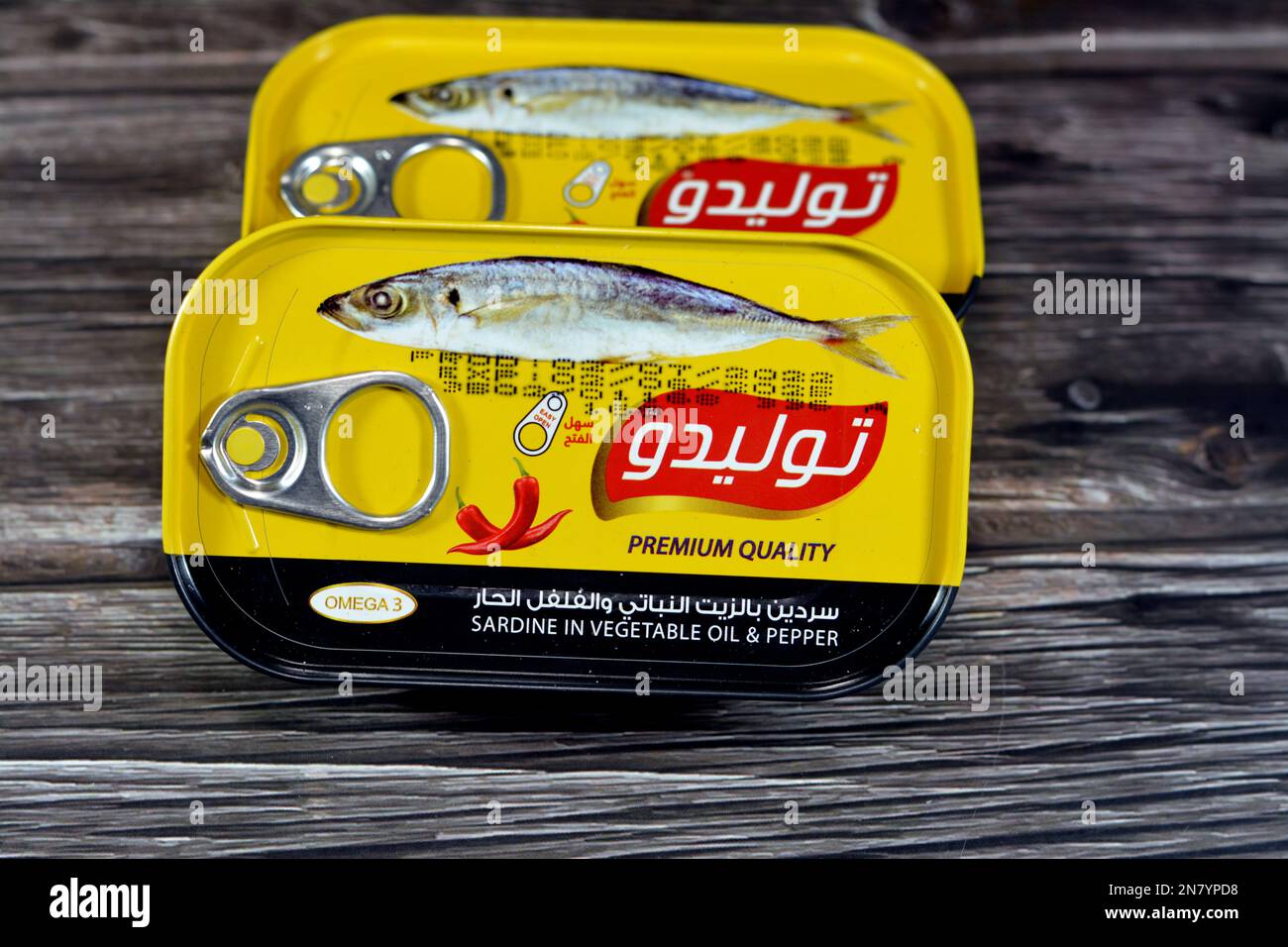 Cairo, Egypt, February 9 2023: Canned Tolido Sardines in vegetable oil ...