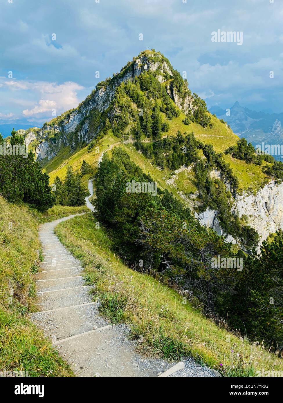 Beautiful landscape of mountain trail in Swiss Alps in sunny day ...