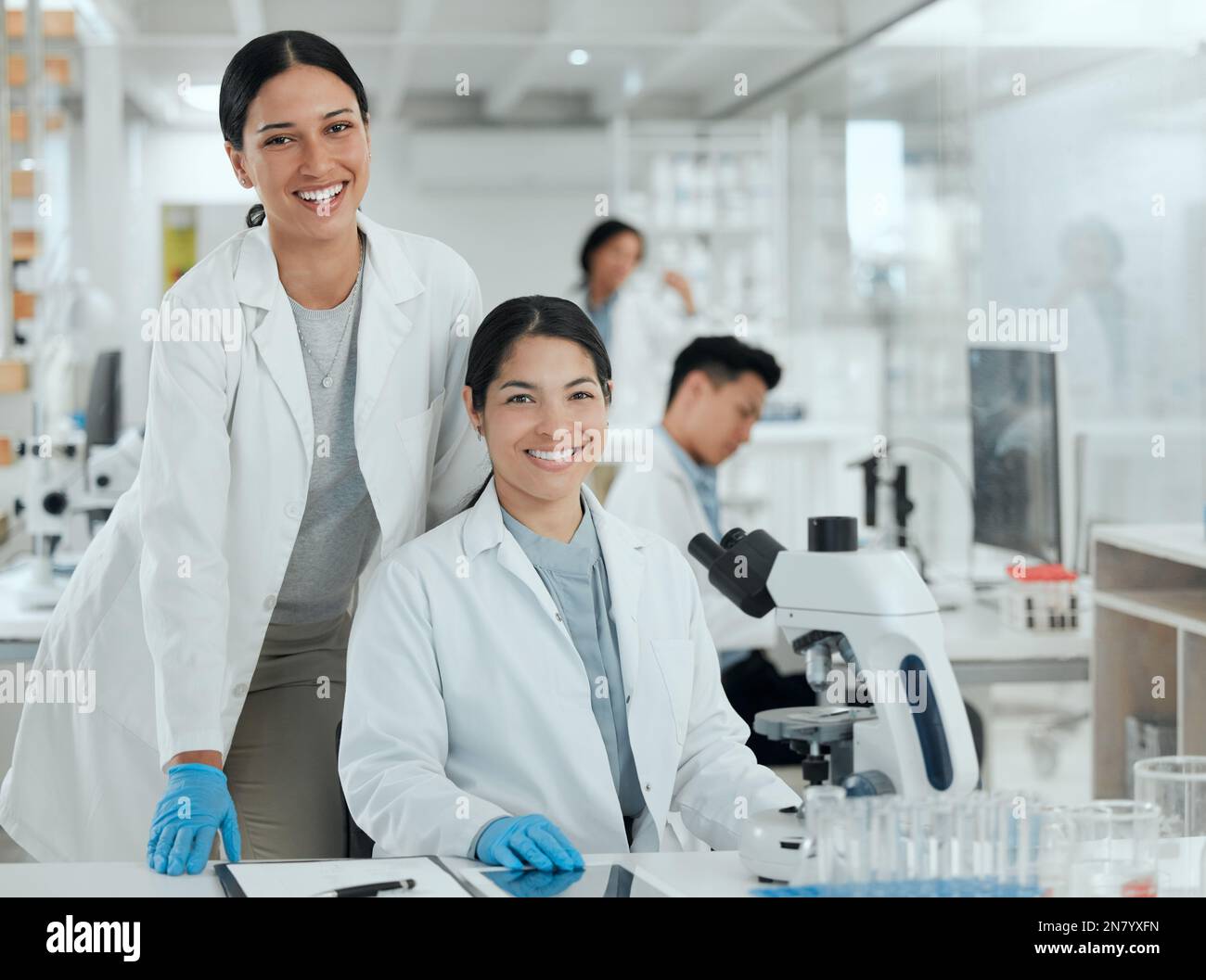 Together well achieve scientific greatness. two beautiful women working together in a lab Stock ...