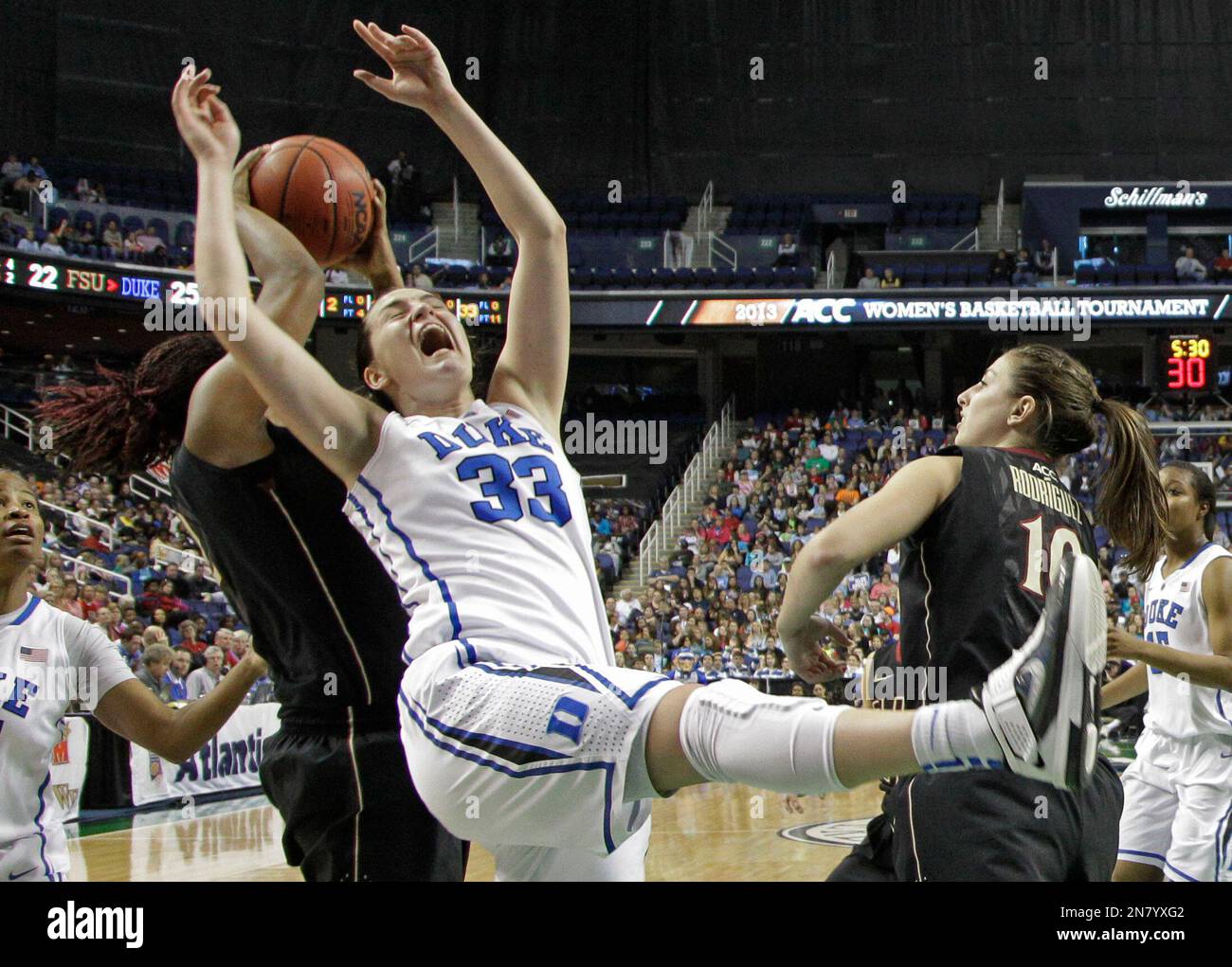 Duke's Haley Peters (33) loses the ball as she drives between Florida ...