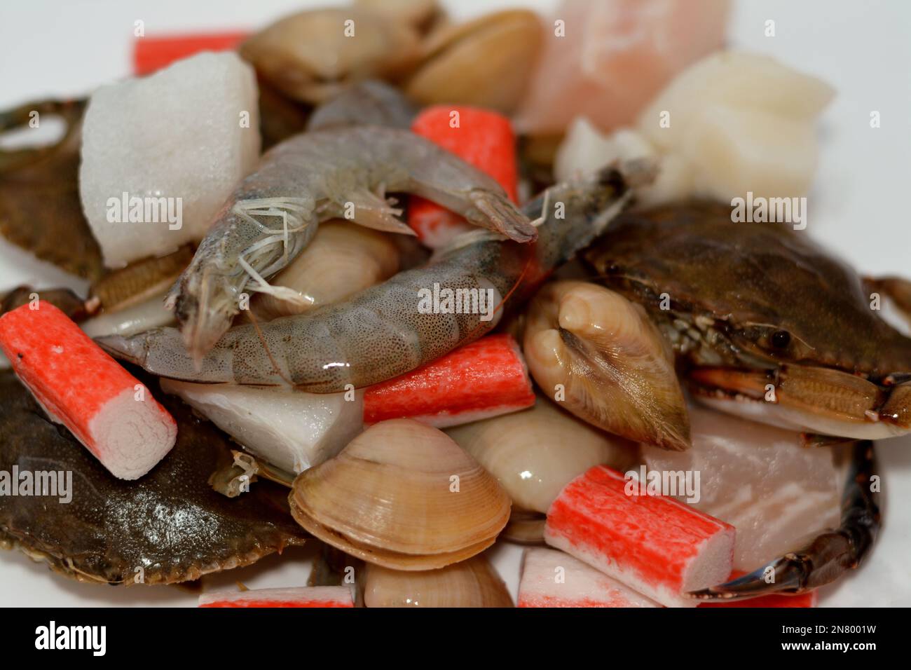 background of fresh seafood marine crabs, shrimps, clams, mussels, gandofli, oysters, crab ...