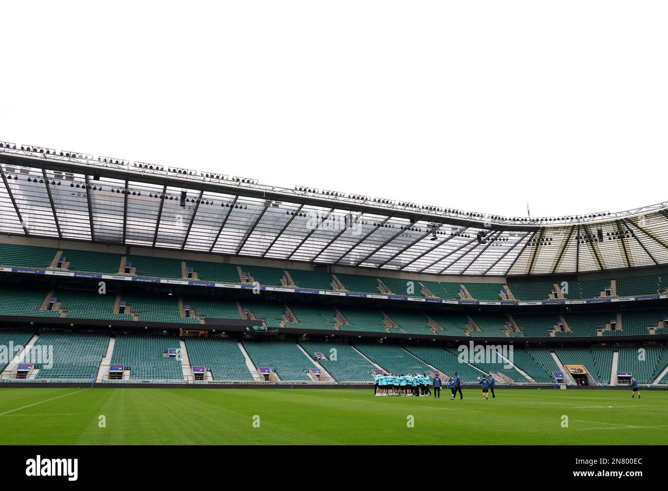 The England team huddle during the Captain's Run at Twickenham Stadium ...