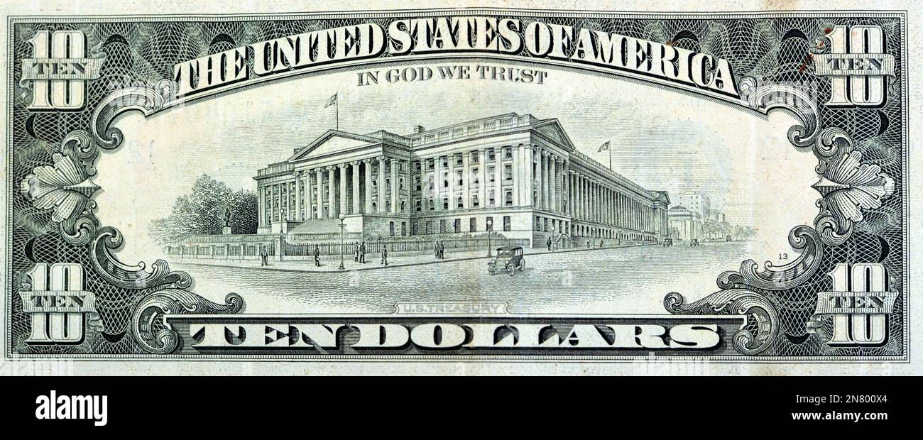 Large fragment of the reverse side of old 10 $ ten American dollars ...