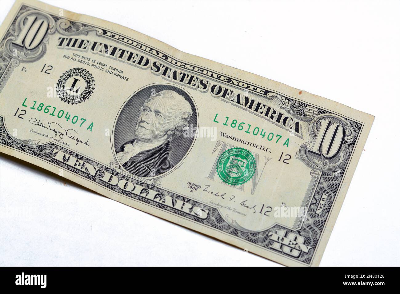 obverse side of old 10 $ ten American dollars bill banknote series 1988 ...