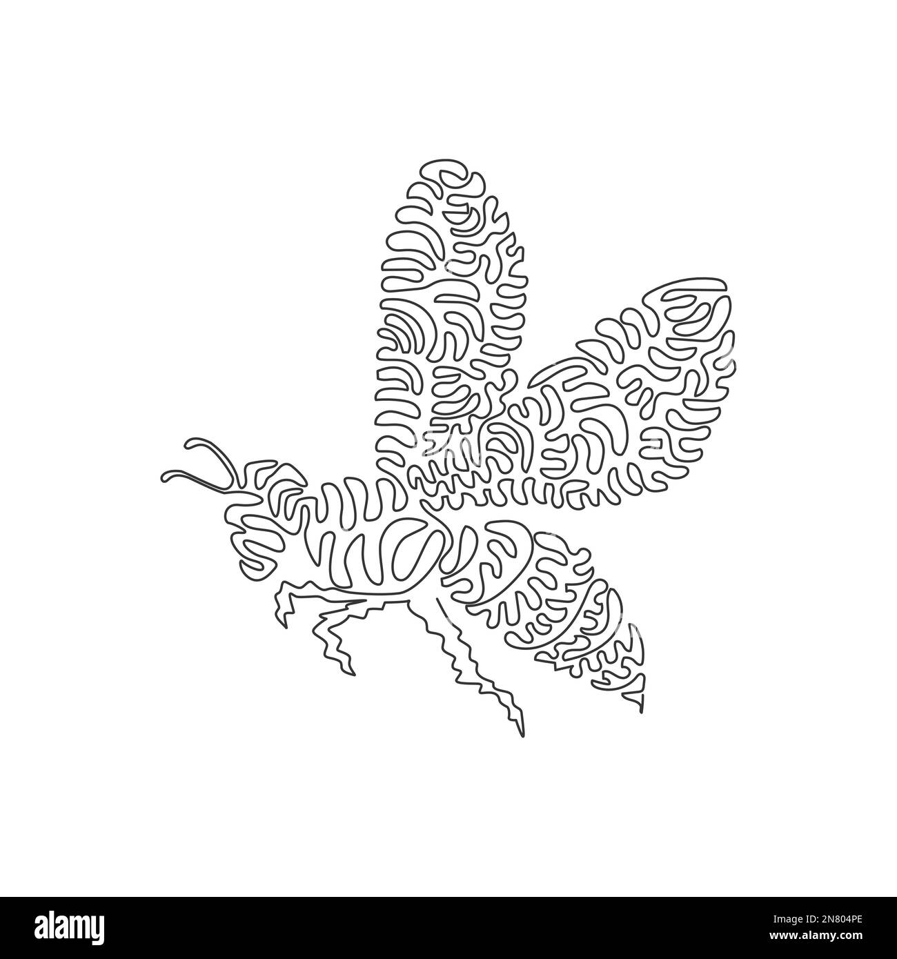 Single one curly line drawing of cute winged insects abstract art ...