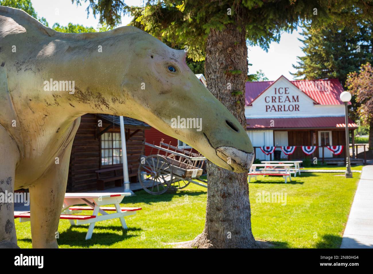 Choteau, MT, USA - Jul 1, 2022: Dinosour sculptures welcome visitors of ...
