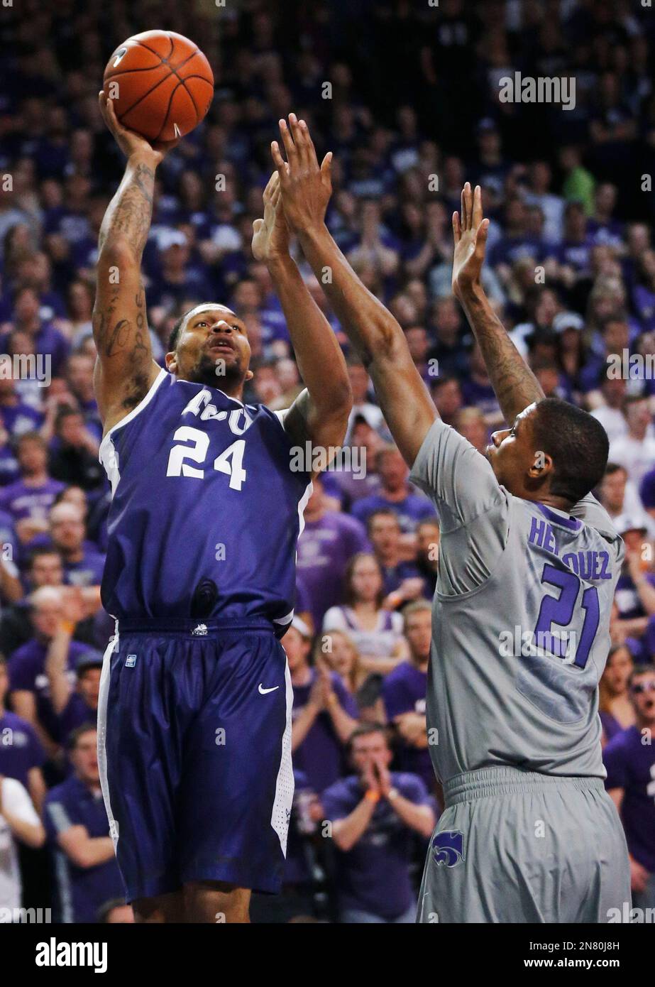 TCU forward Adrick McKinney (24) shoots over Kansas State forward ...
