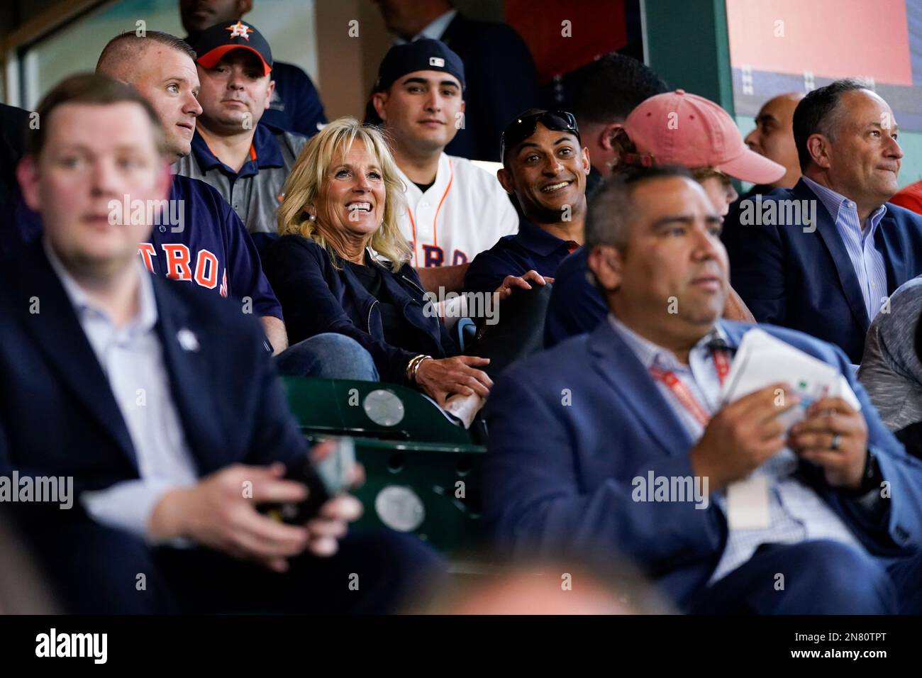 FILE - First lady Jill Biden and Doug Emhoff sit with military members ...