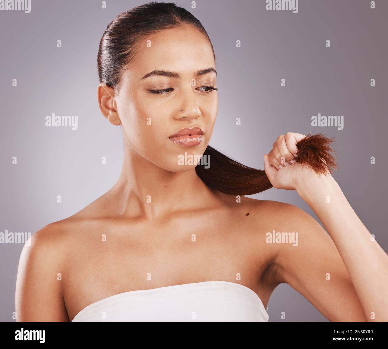 Hair split ends, beauty salon and dye damage of a black woman with a ...