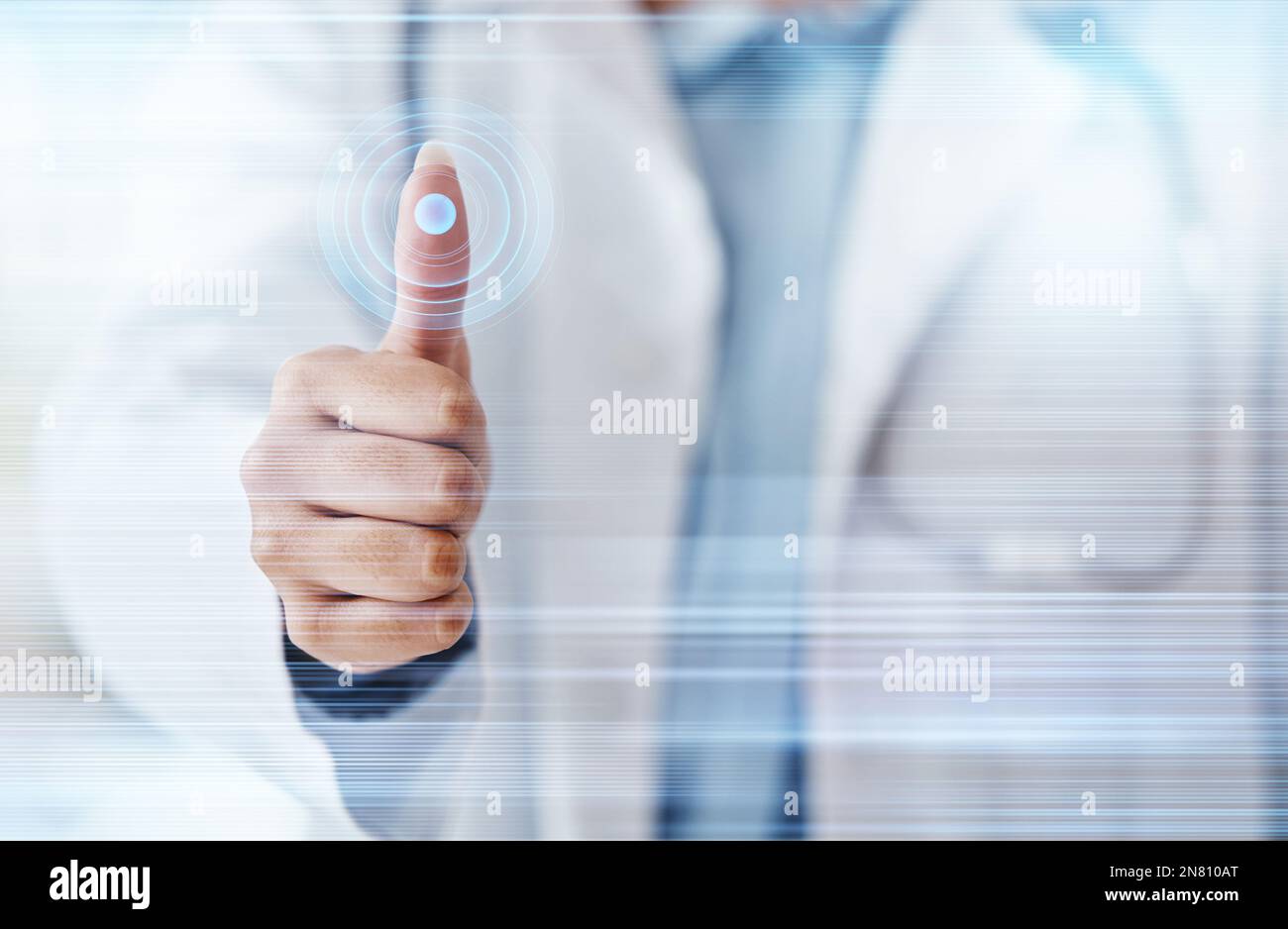 Doctor, thumbs up or fingerprint scan of dna, healthcare data or ...