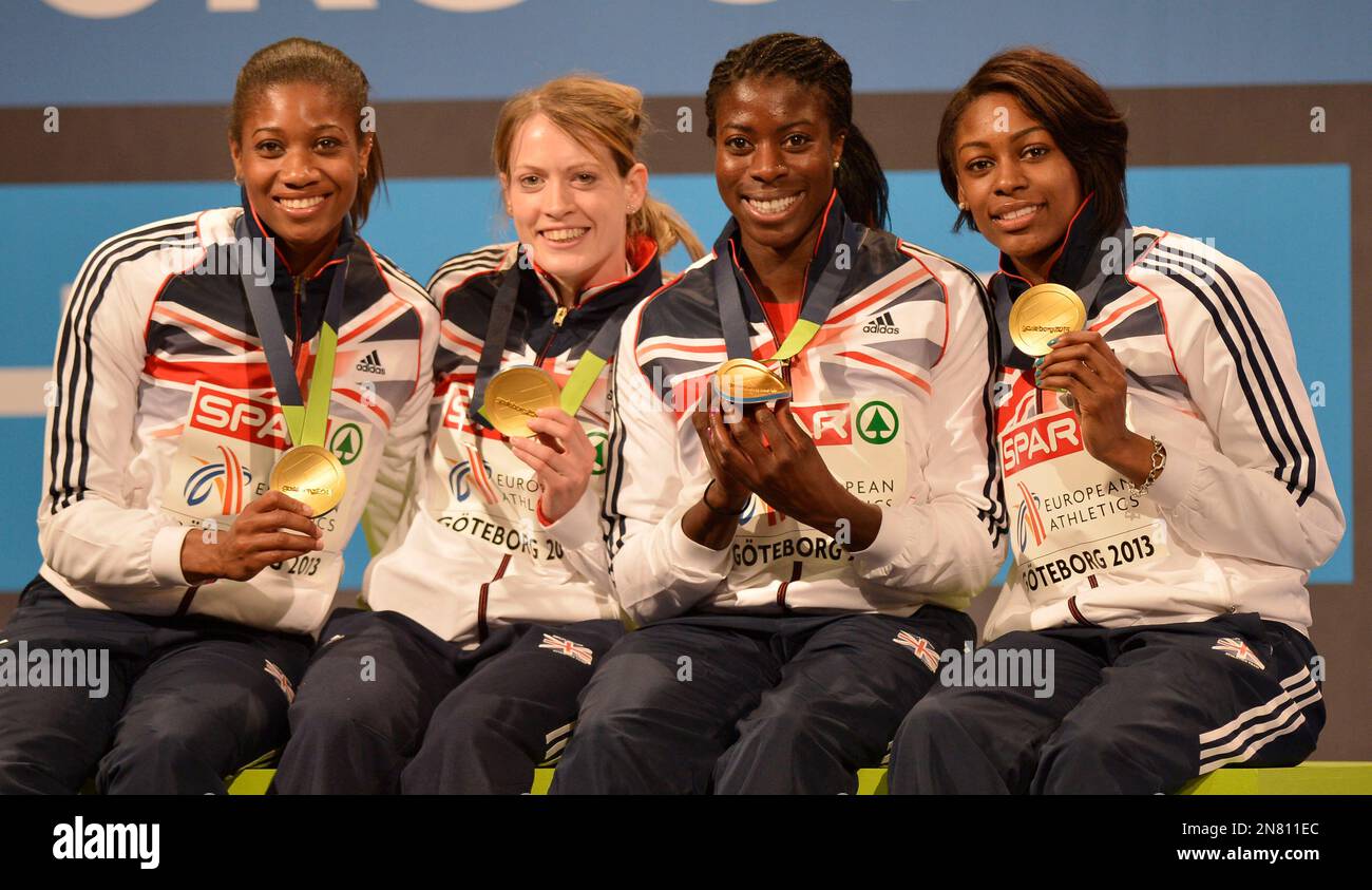 Britain's gold medal winning 4x400m women's relay team show off their ...