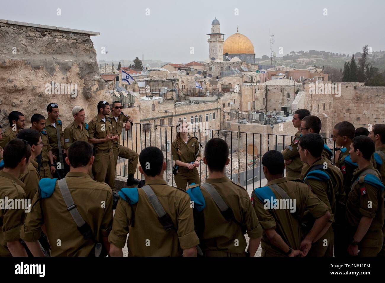 Israeli soldiers stand at an observatory overlooking the Dome of the Rock Mosque in the Al Aqsa ...
