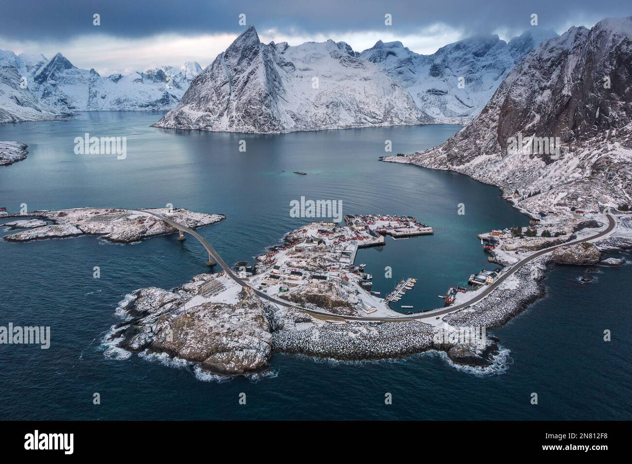 Aerial view of Reine in winter, a famous fishing village on Lofoten ...