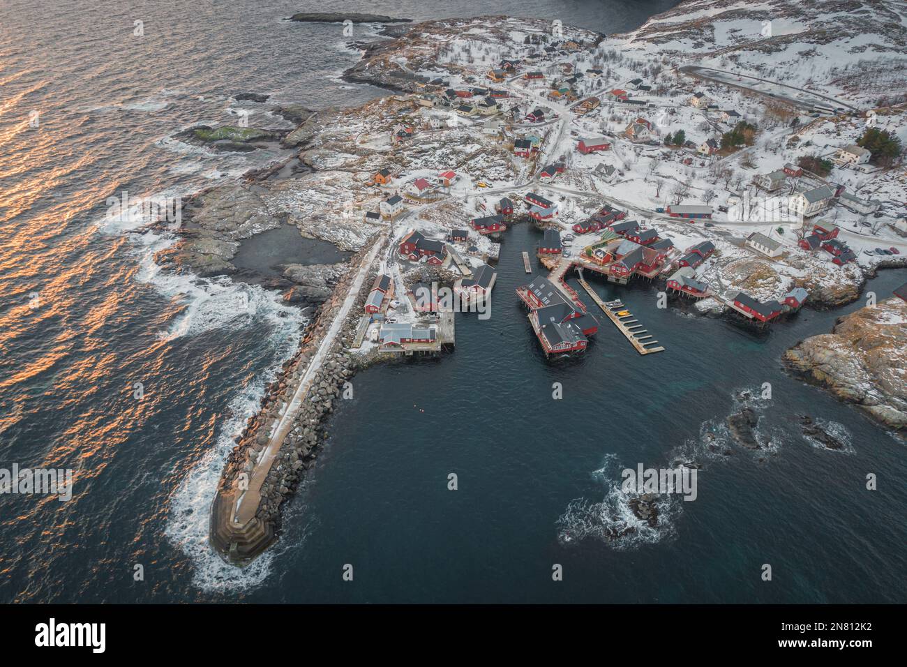 Aerial view of village A in winter, a famous fishing village on Lofoten ...