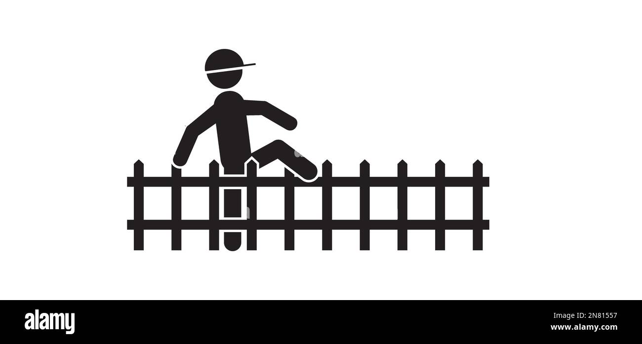 Cartoon, please do not climbing on fence balustrade. Stickman, stick ...