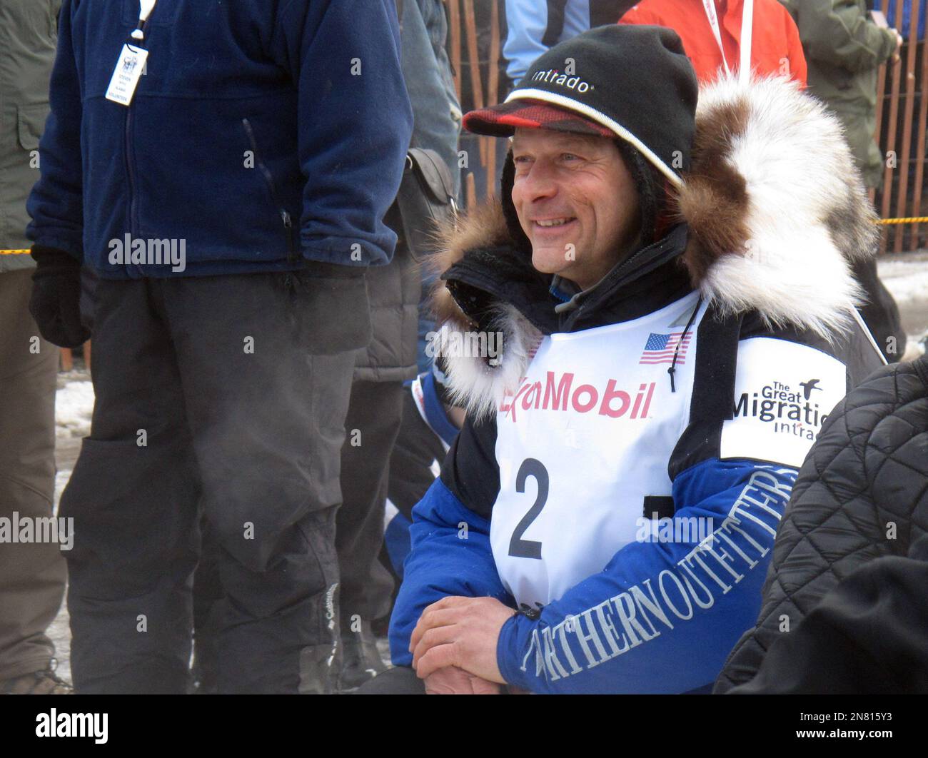 Four-time champion Martin Buser waits for the ceremonial start of the ...