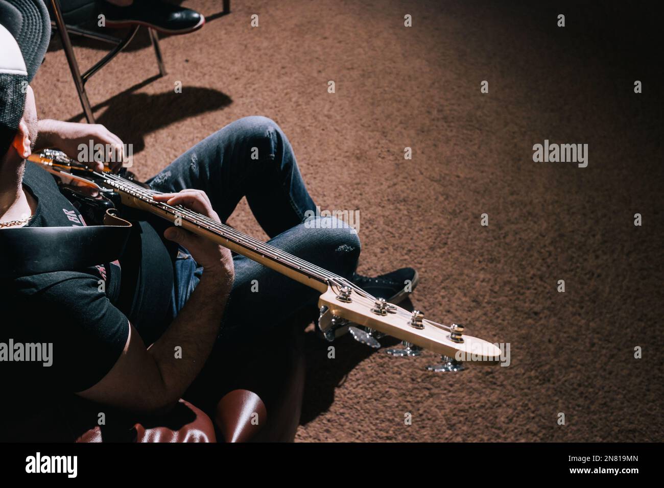 Bass guitar top view. Music background Stock Photo - Alamy