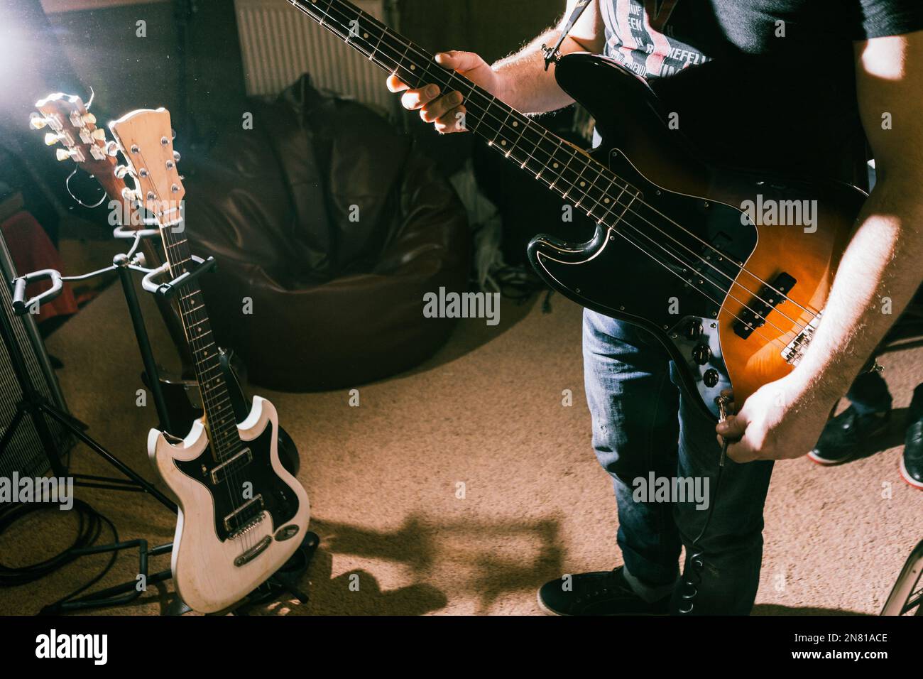 Guitars in studio closeup. Music background Stock Photo - Alamy