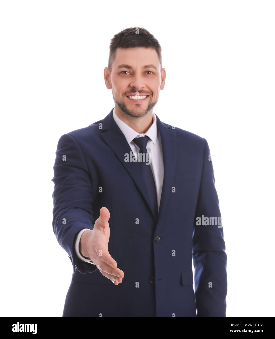 Businessman reaching out for handshake on white background Stock Photo ...