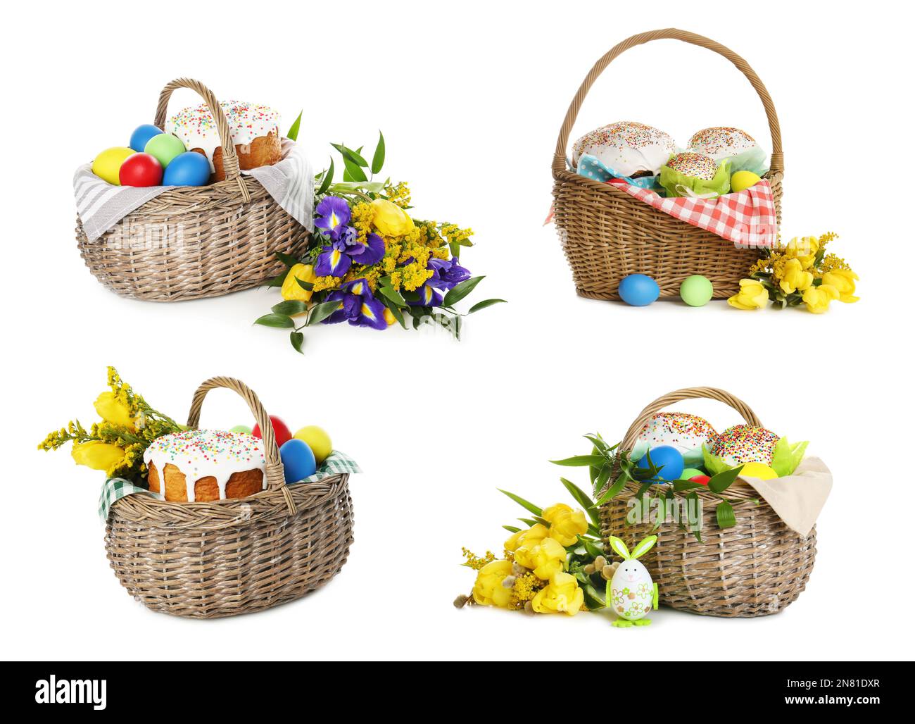 Set of wicker baskets with traditional Easter cakes and decor on white ...