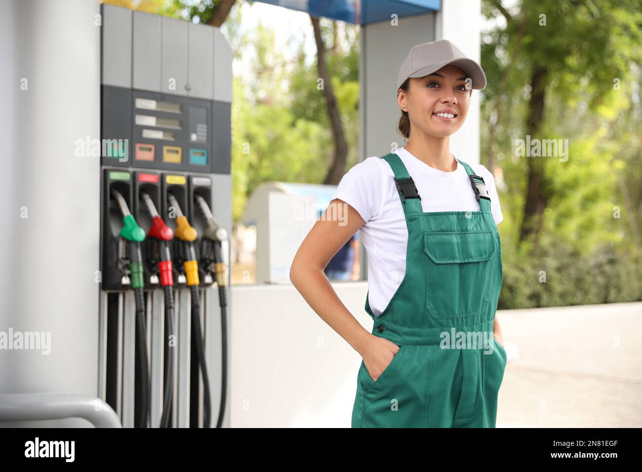 Young worker with fuel pump nozzle at modern gas station Stock Photo ...