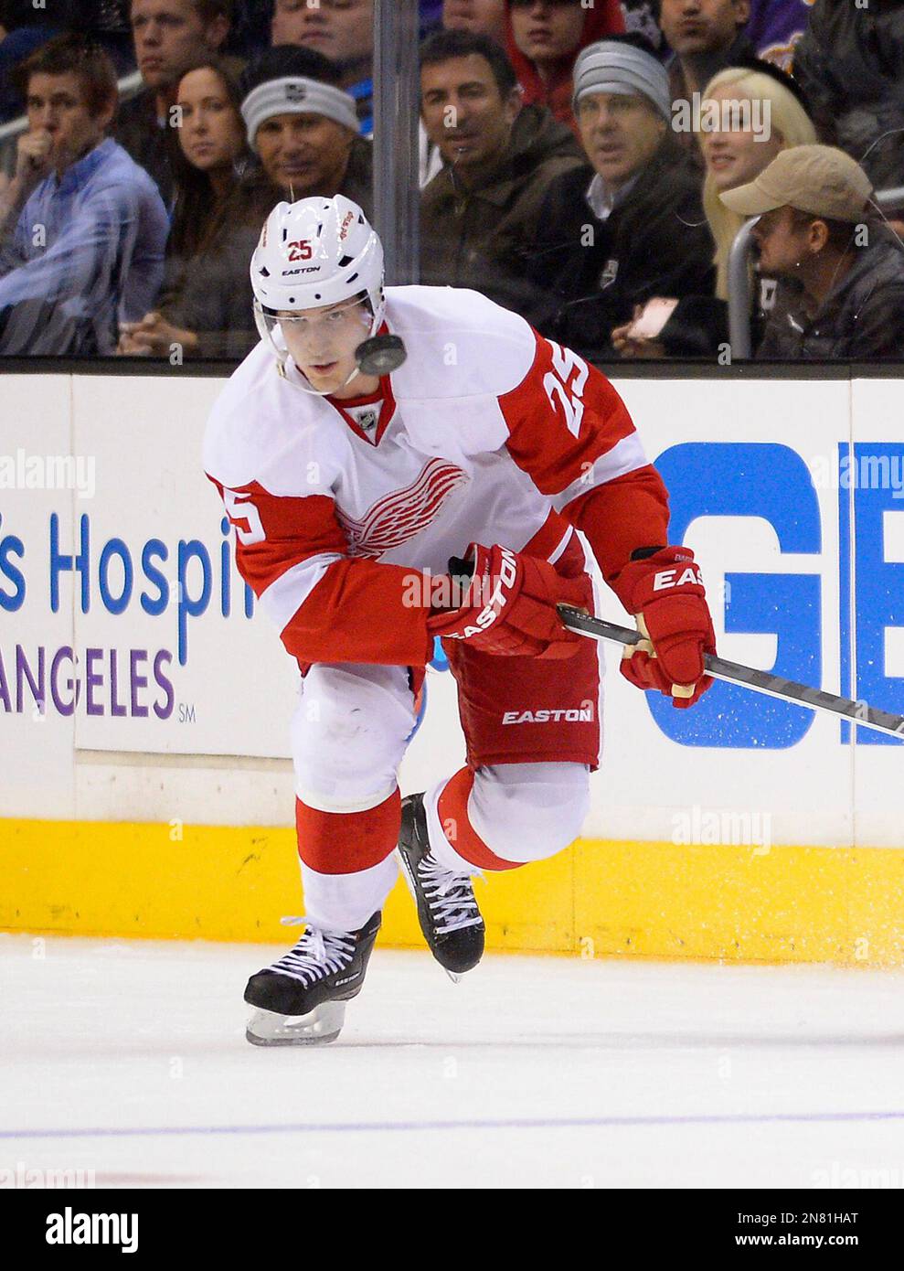 Detroit Red Wings center Cory Emmerton watches the puck as it flies ...
