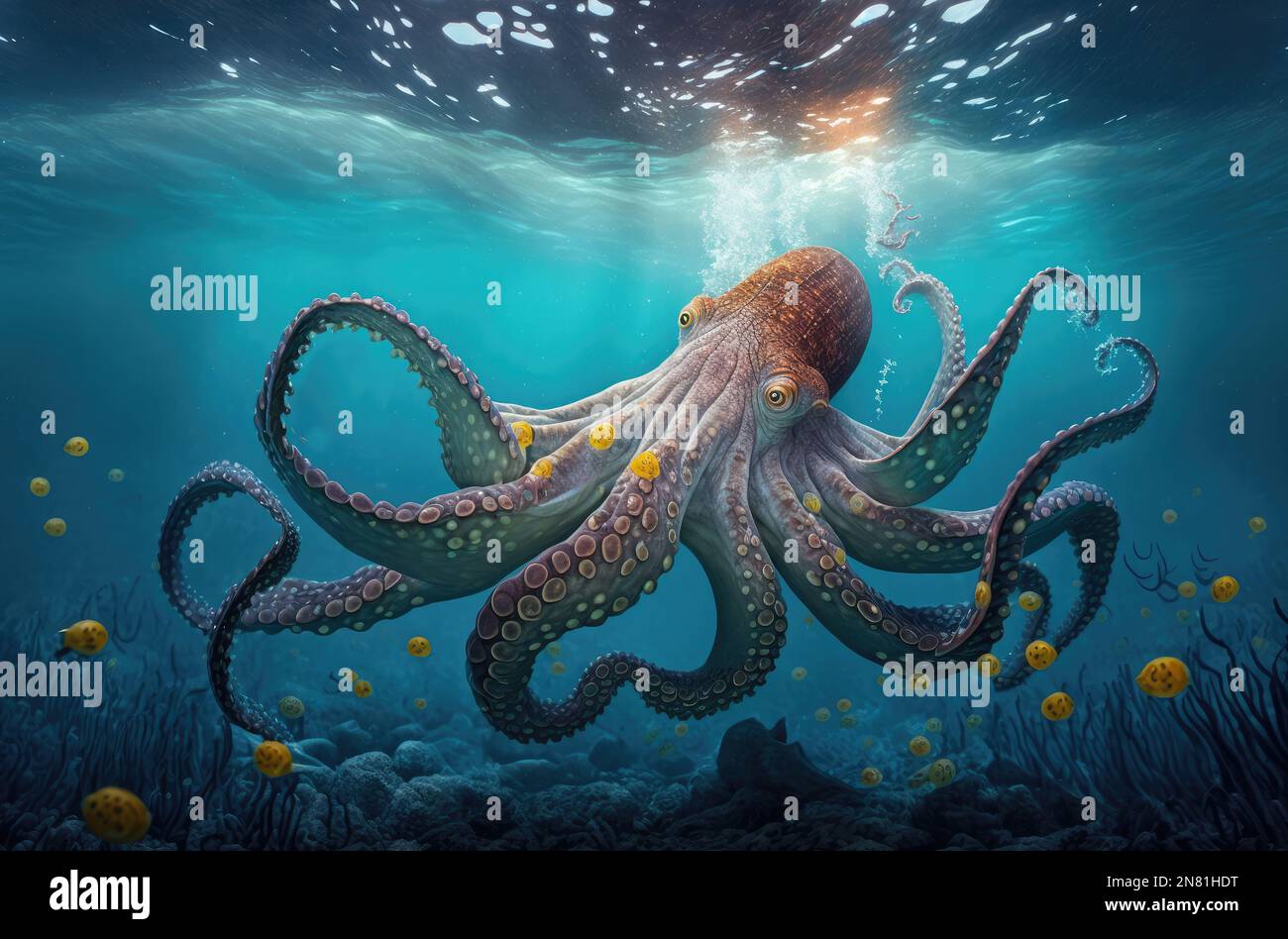 An AI generated illustration of a vibrant octopus swimming through the ...