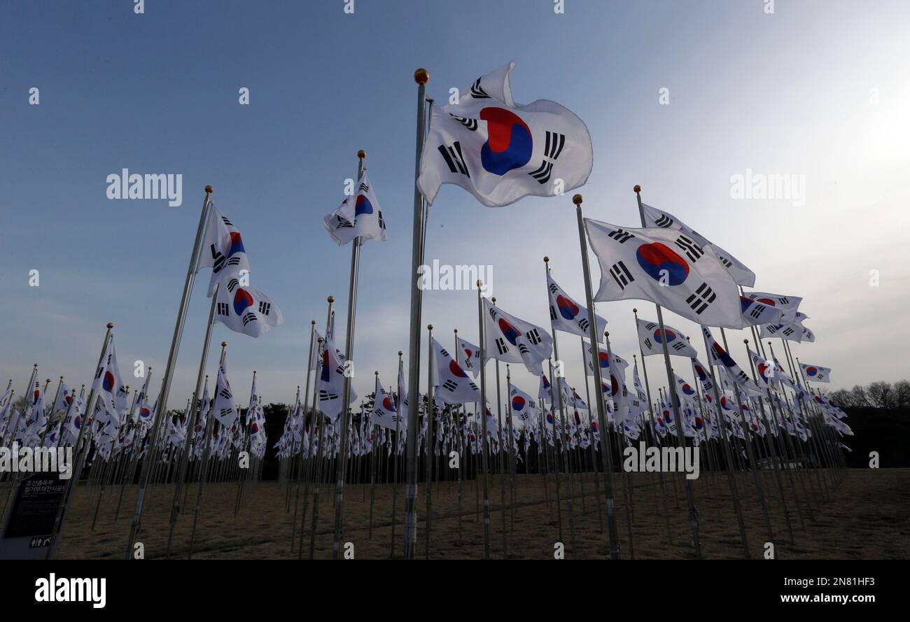 South Korean flags are displayed to celebrate the March First ...