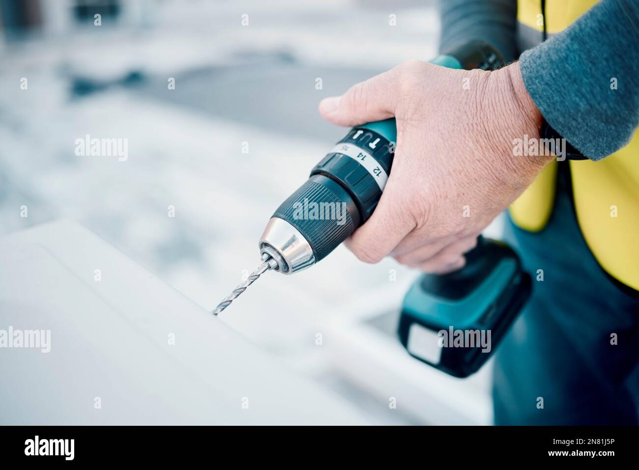 Construction, building and hands with a driller for architecture ...