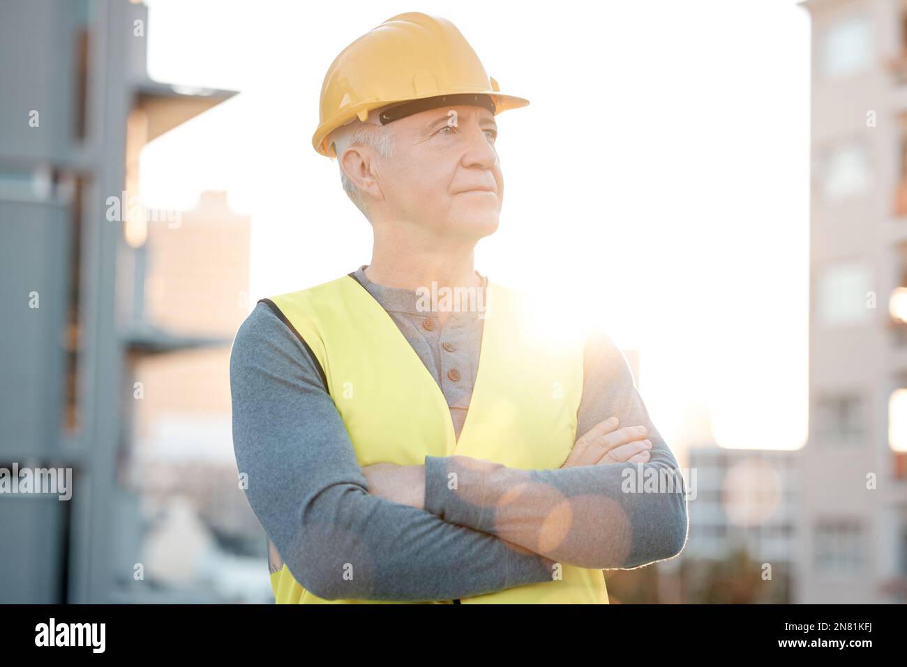 Construction worker, old man thinking and architecture vision with ...