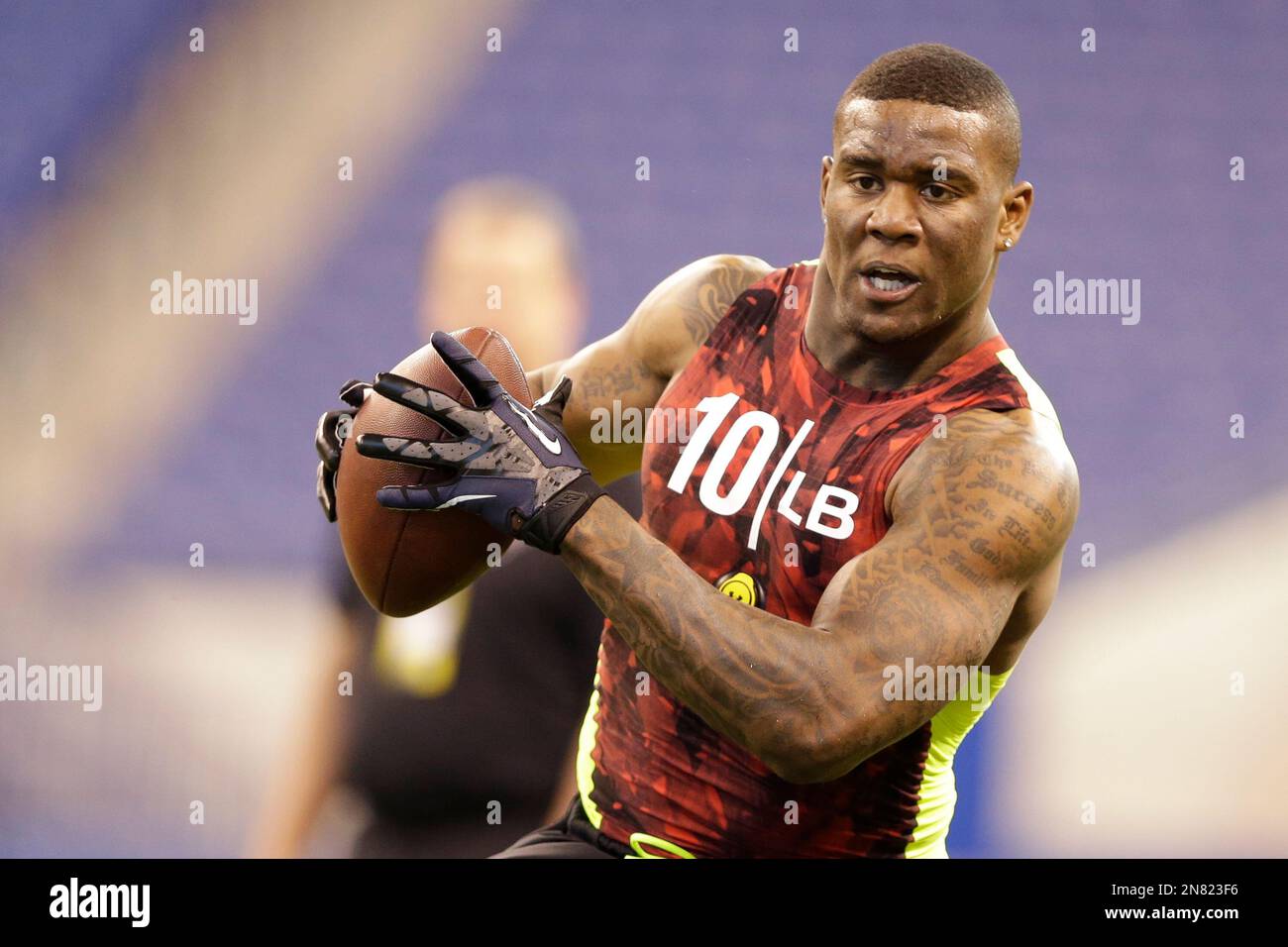 Penn State linebacker Gerald Hodges runs a drill at the NFL football ...