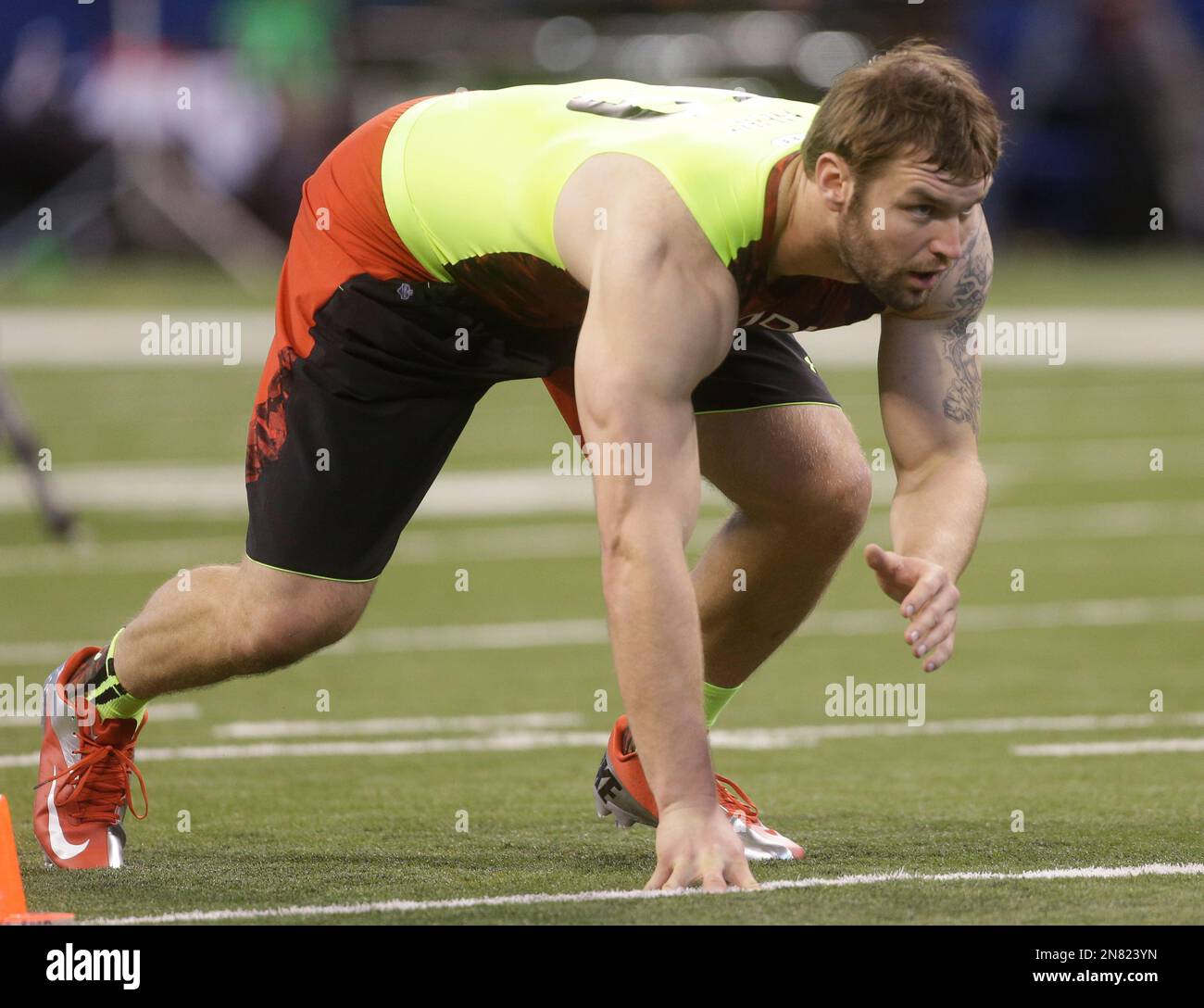 SMU defensive lineman Margus Hunt runs a drill during the NFL football ...