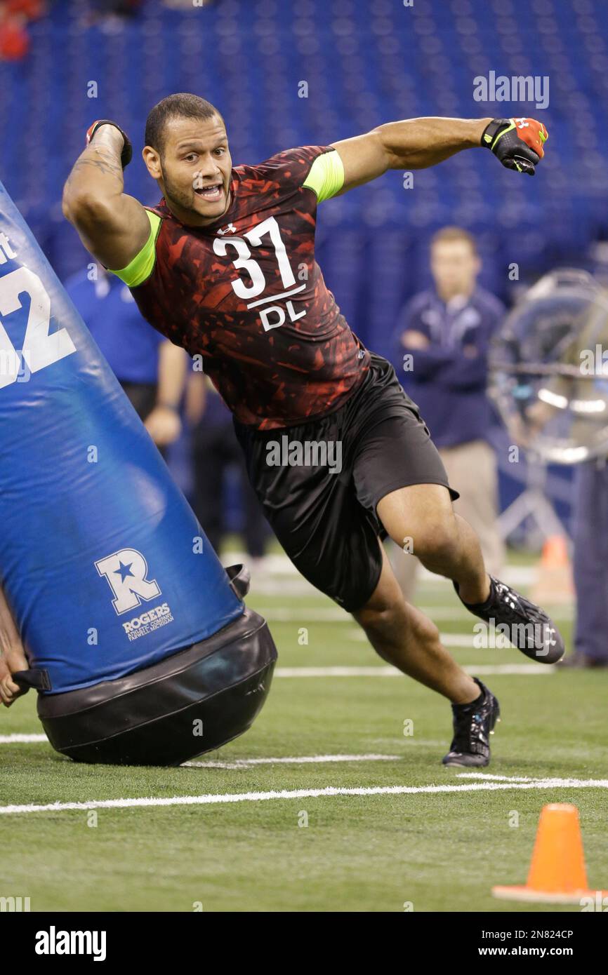 Harding defensive lineman Ty Powell runs a drill at the NFL football ...