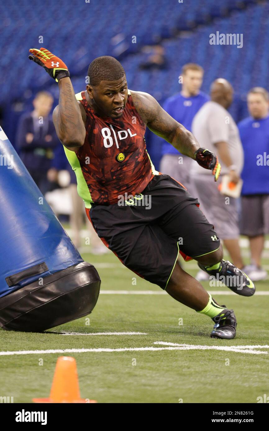 Florida State defensive lineman Everett Dawkins runs a drill at the NFL ...