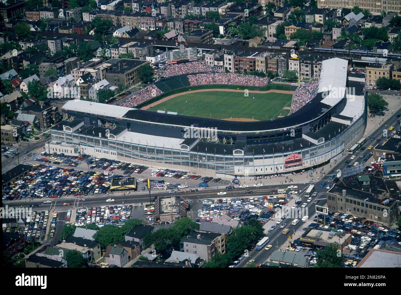 Aerial view of Chicago's Wrigley Field, home of the Cubs, 1986. (AP ...