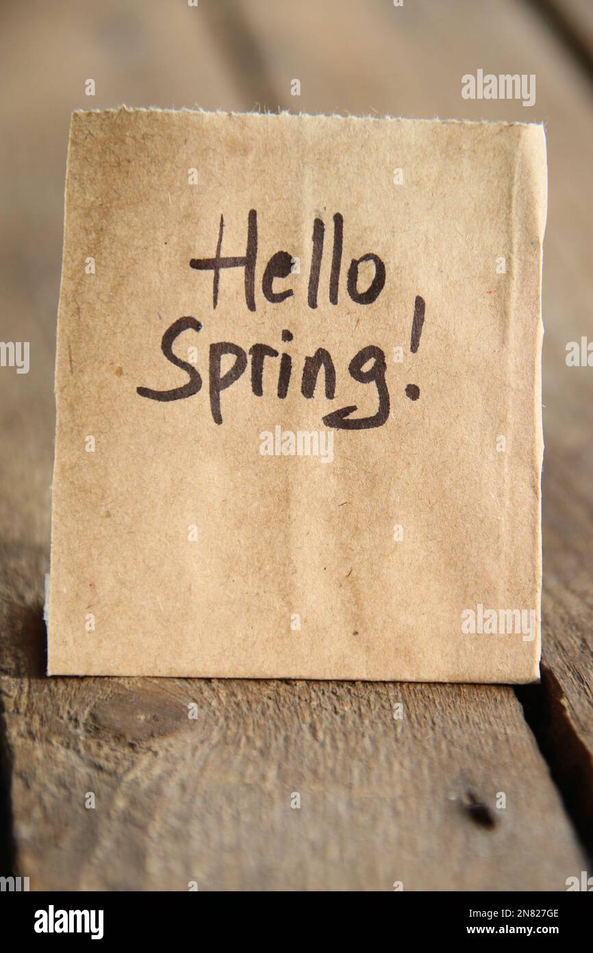 Hello Spring concept. The inscription on the tag. Vintage style Stock ...