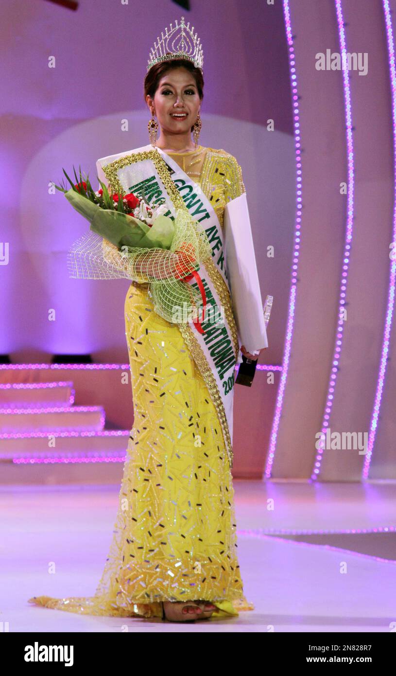 In this Sunday, Feb.24, 2013 photo, Miss Myanmar International winner Gonyi Aye Kyaw smiles ...
