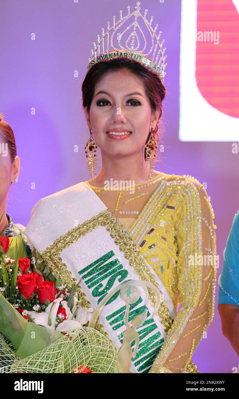 In this Sunday, Feb.24, 2013 photo, Miss Myanmar International winner Gonyi Aye Kyaw smiles ...
