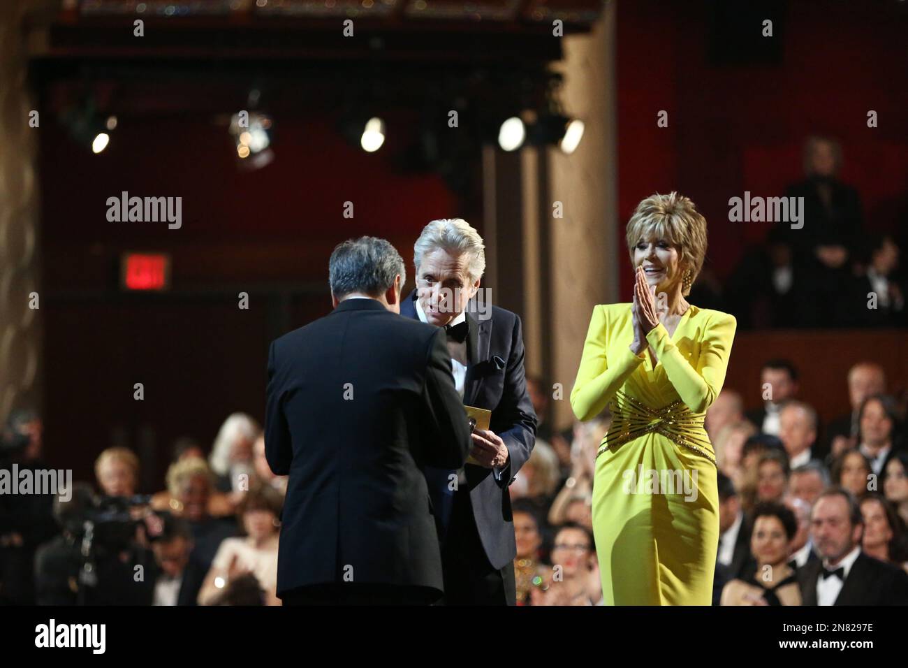 Michael Douglas, left, Jane Fonda seen from backstage at the Oscars at ...